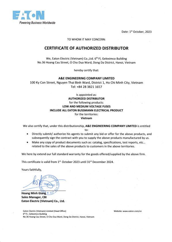 CHỨNG NHẬN NHÀ PHÂN PHỐI CHÍNH HÃNG EATON NĂM 2024